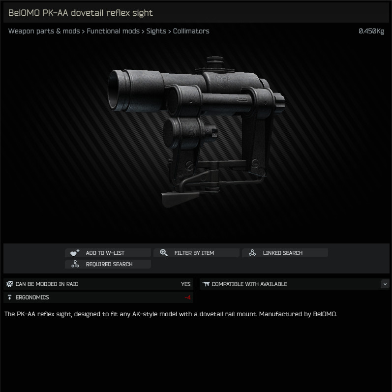 BelOMO PK-AA dovetail reflex sight / 日本語名称無し（英名称と同じ） - Escape from Tarkov Wiki*