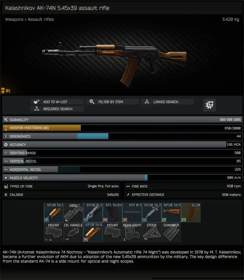 Kalashnikov AK-74N 5.45x39 assault rifle / Kalashnikov AK-74N 5.45x39 アサルトライフル - Escape from ...